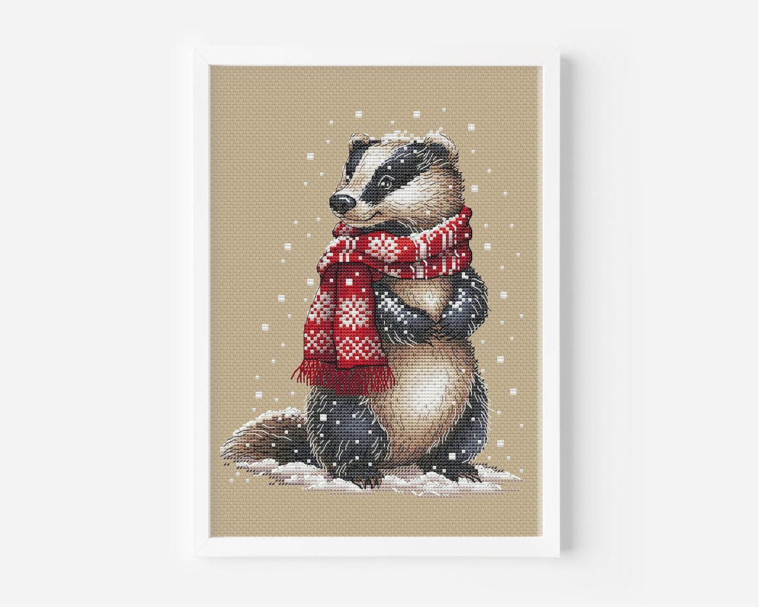 Cross Stitch Pattern Badger in a Scarf With White Snowy Background ...