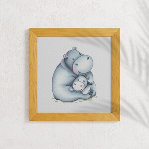 Hippo Cross Stitch Pattern PDF, Cute Hippo Family, Hippo Baby DIY Hand Embroidery Design ...