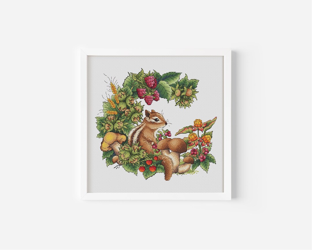 Chipmunk Cross Stitch Pattern PDF, Fall Wreath With Mushrooms and ...