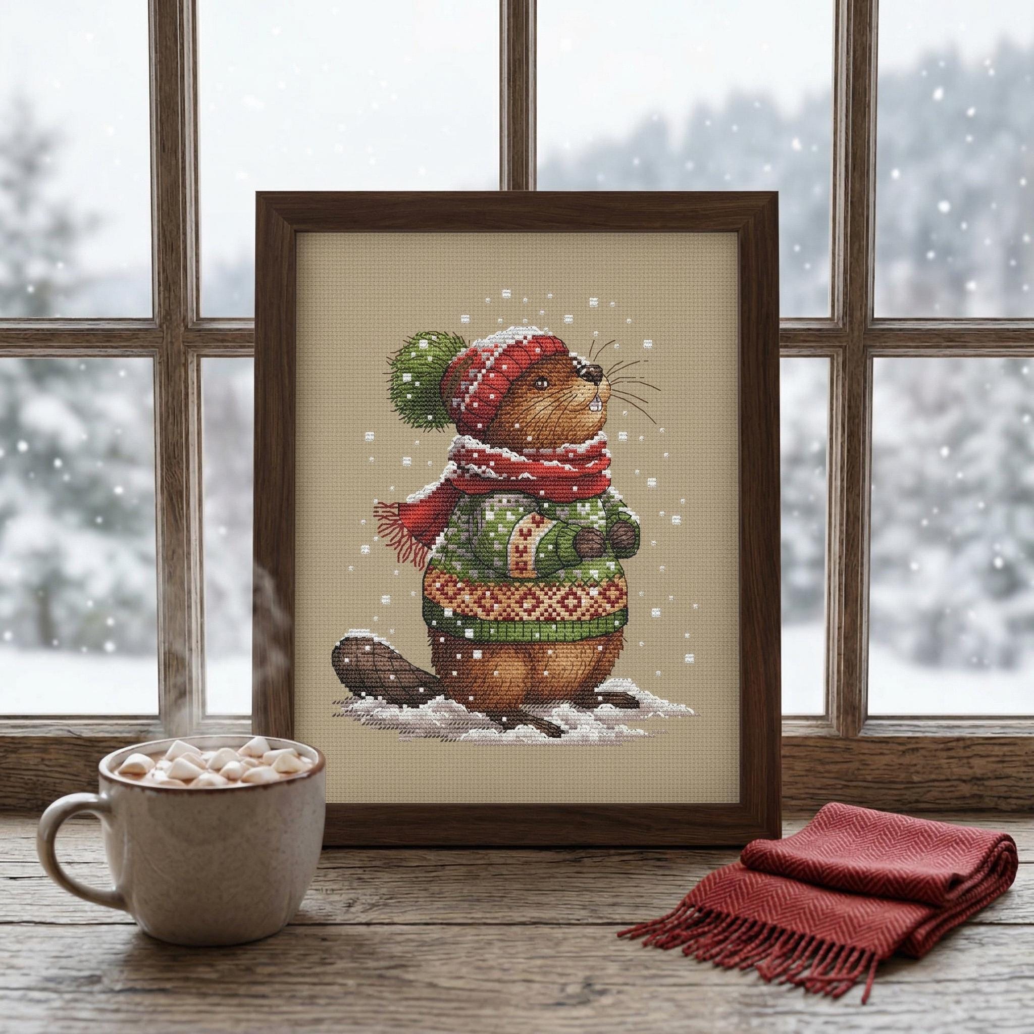 Lumberjack Beaver Cross Stitch Pattern, Christmas Woodland Animal Hand ...