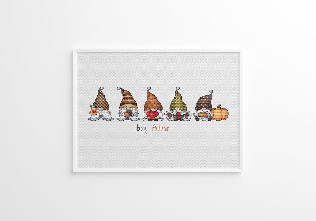 Set of Five Mini Fall Gnomes Cross Stitch Pattern, Cozy Autumn Gnomes ...