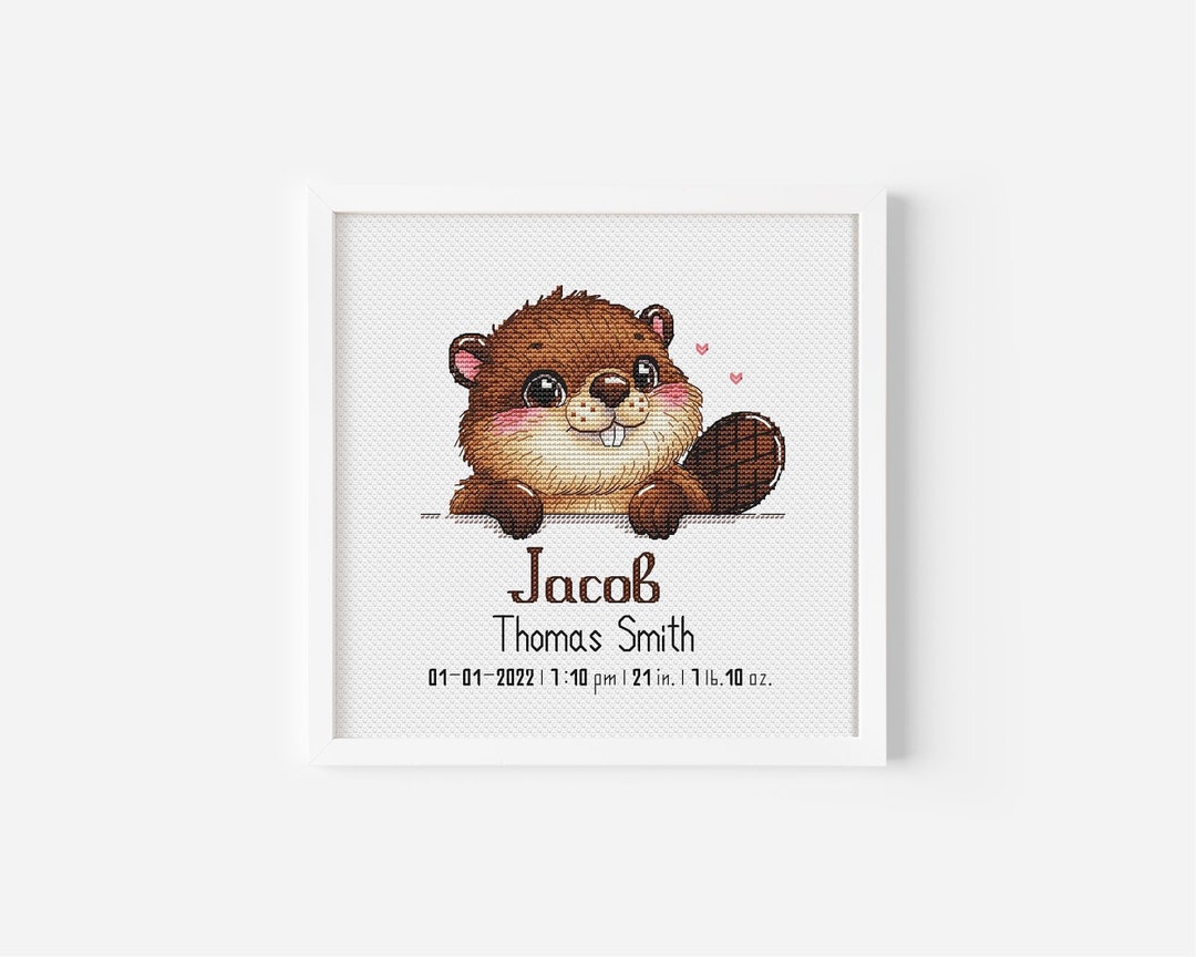 Custom Baby Beaver Cross Stitch Pattern With Name & Birth Details Cute ...
