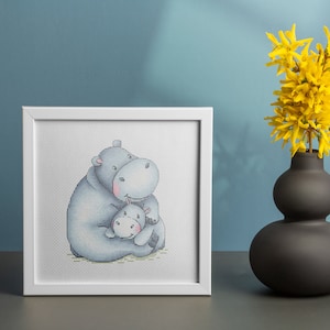 Hippo Cross Stitch Pattern PDF, Cute Hippo Family, Hippo Baby DIY Hand Embroidery Design ...