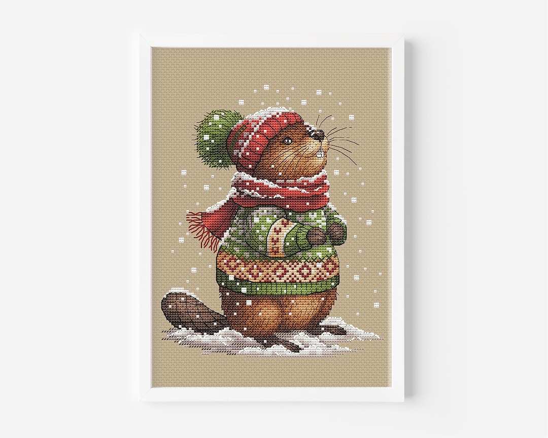 Lumberjack Beaver Cross Stitch Pattern, Christmas Woodland Animal Hand ...