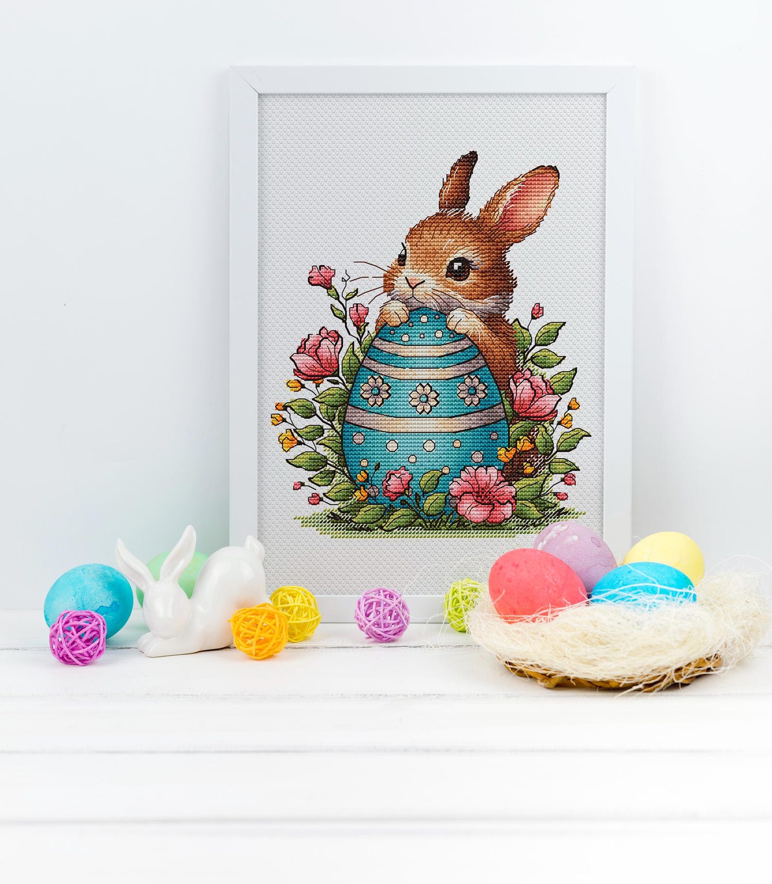 Easter Bunny Cross Stitch Pattern: Rabbit With Egg & Flowers (PDF ...