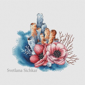 Coral Cross Stitch Pattern PDF, Nautical Flower Cross Stitch, Floral ...