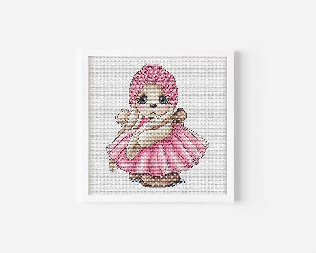 Pink Dress Bunny Girl Cross Stitch Pattern PDF, Rabbit Cross Stitch ...