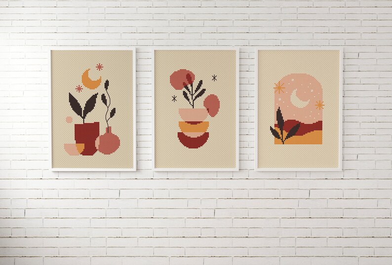 Set of 3 Boho Designs, Mid Century Modern Art, Moon Hand Embroidery ...