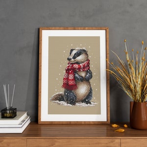 Cross Stitch Pattern Badger in a Scarf With White Snowy Background ...