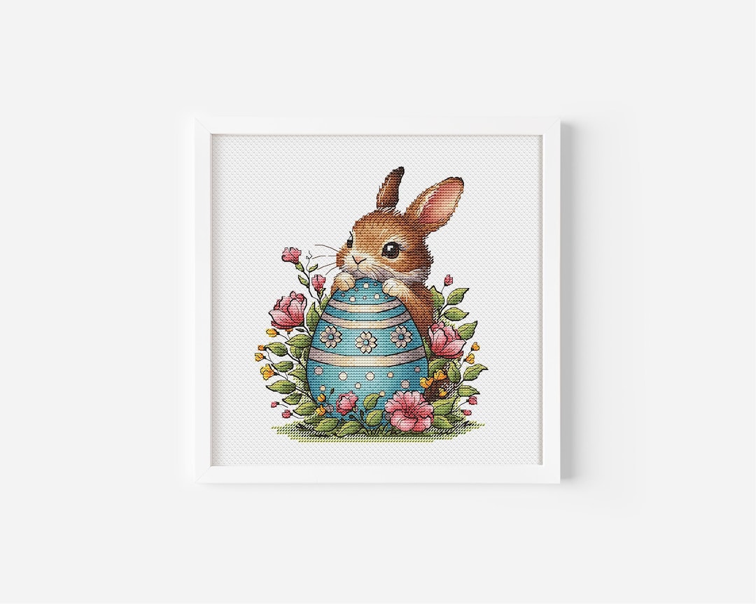 Easter Bunny Cross Stitch Pattern: Rabbit With Egg & Flowers (PDF ...