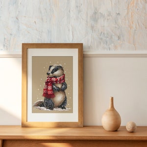 Cross Stitch Pattern Badger in a Scarf With White Snowy Background ...