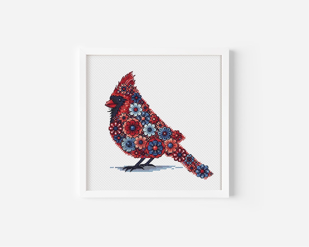 Red Cardinal Cross Stitch Pattern With Flowers, Floral Bird Hand ...