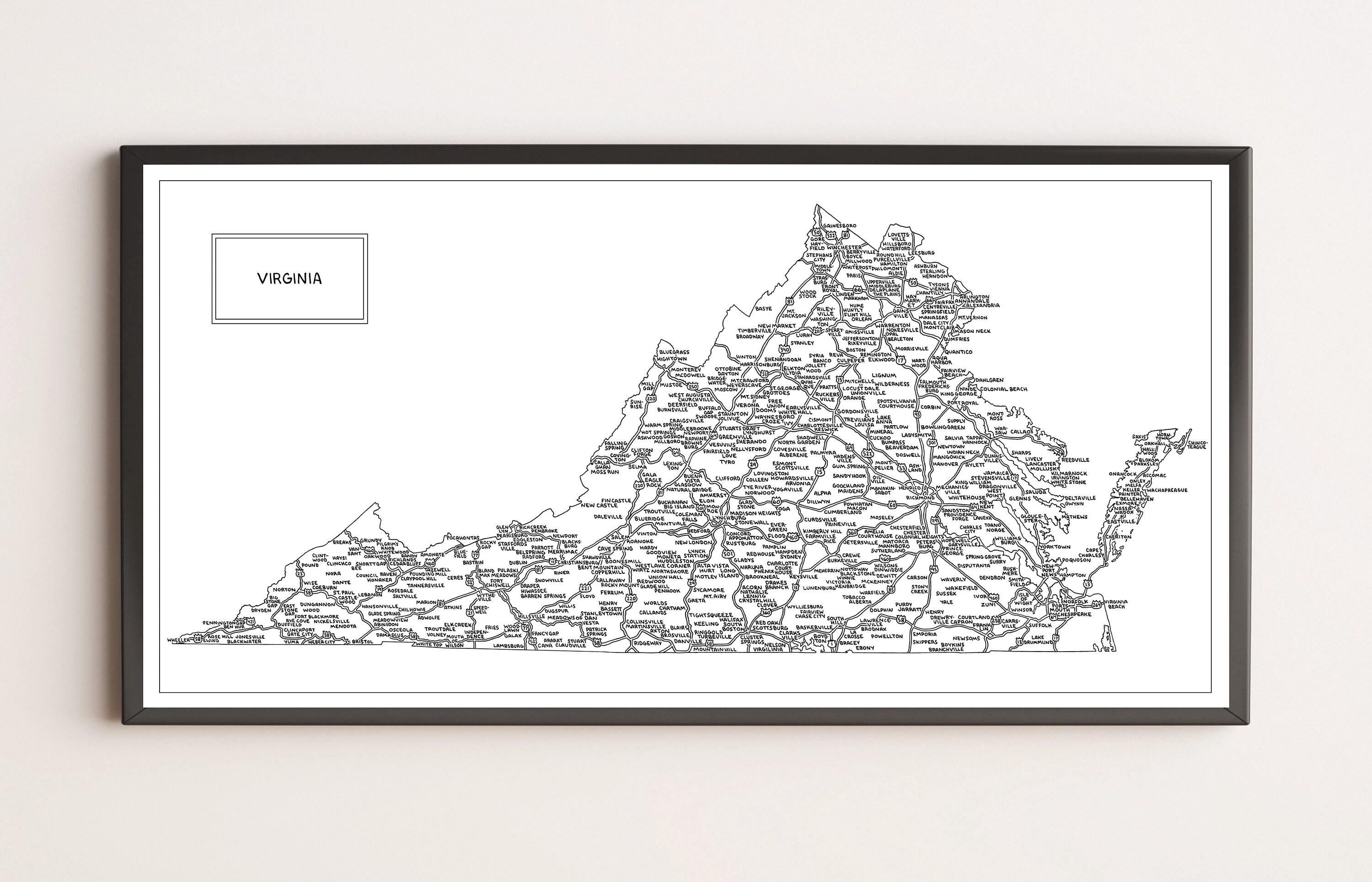 Road Map of Virginia | Hand-drawn, Black & White | Digital, Printable ...
