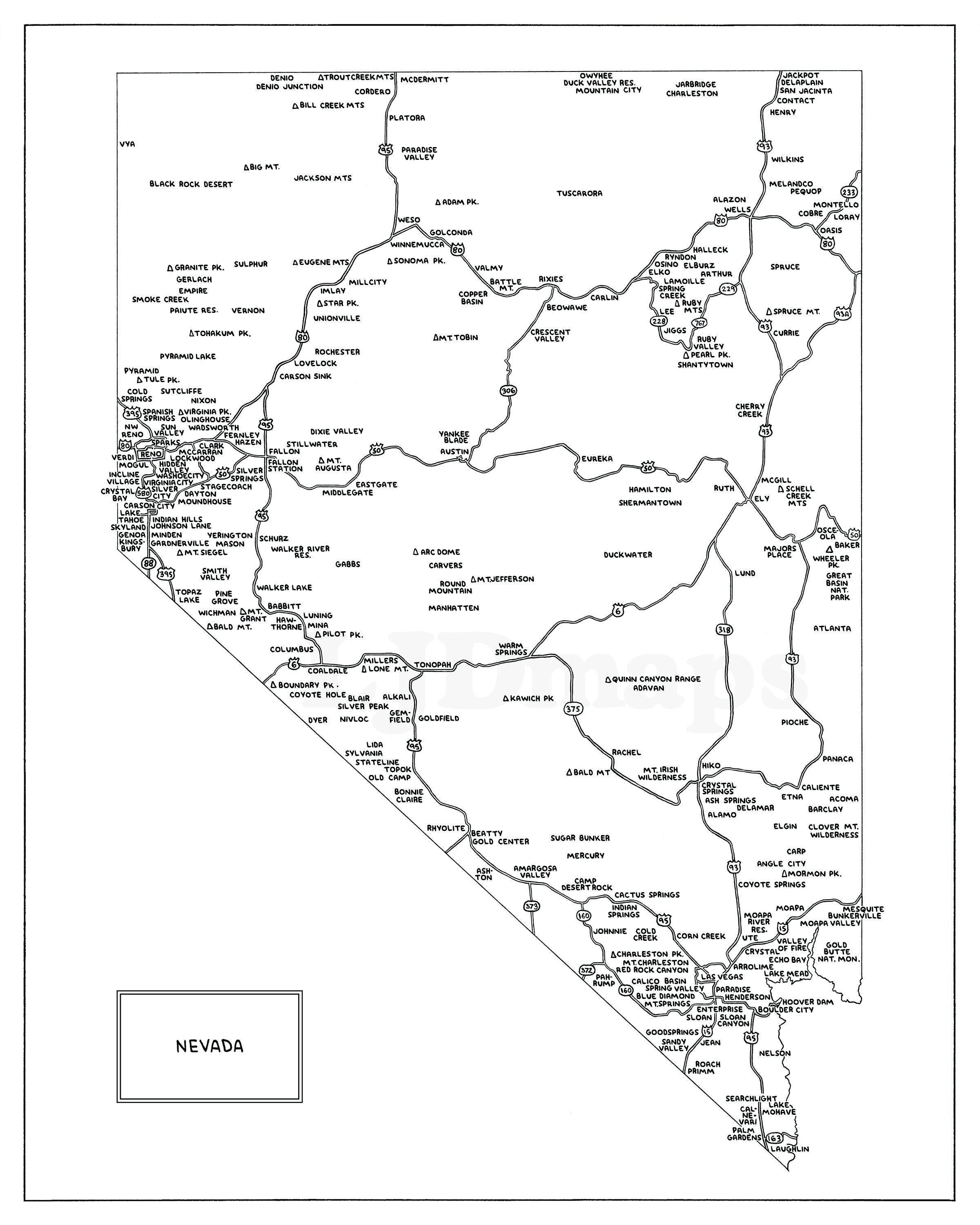 Road Map of Nevada | Hand-drawn, Black & White | Digital, Printable ...