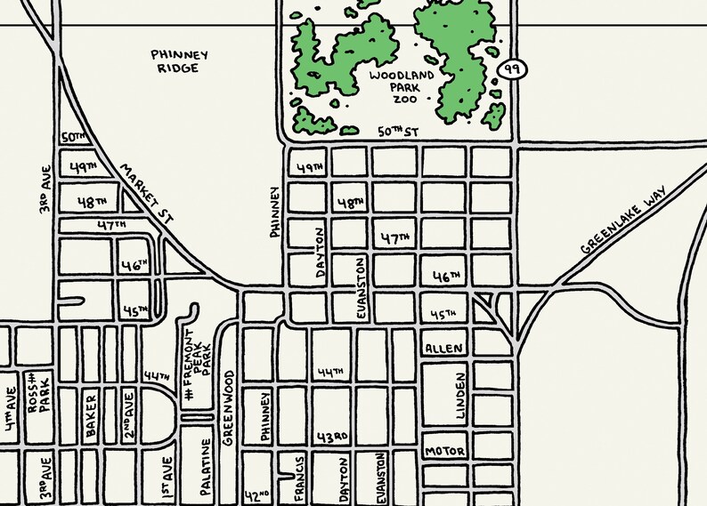 Road Map of Fremont, Seattle, Washington | Hand-drawn | Digital ...