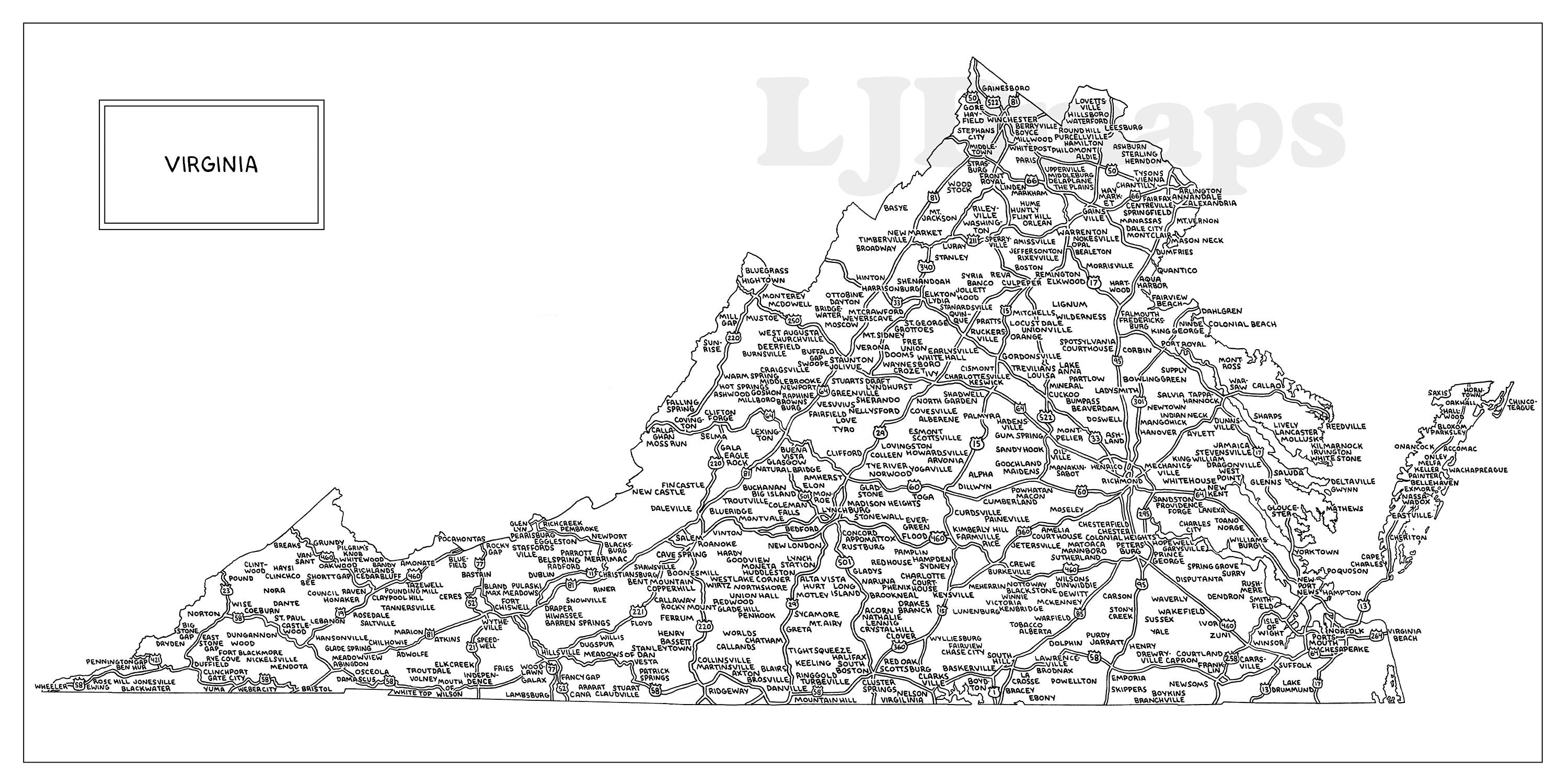 Road Map of Virginia | Hand-drawn, Black & White | Digital, Printable ...