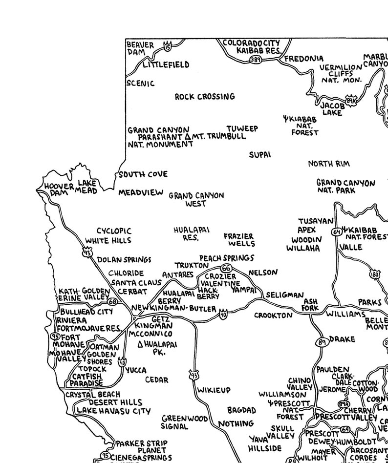 Road Map of Arizona - State and Interstate Highways | Hand-drawn, Black ...