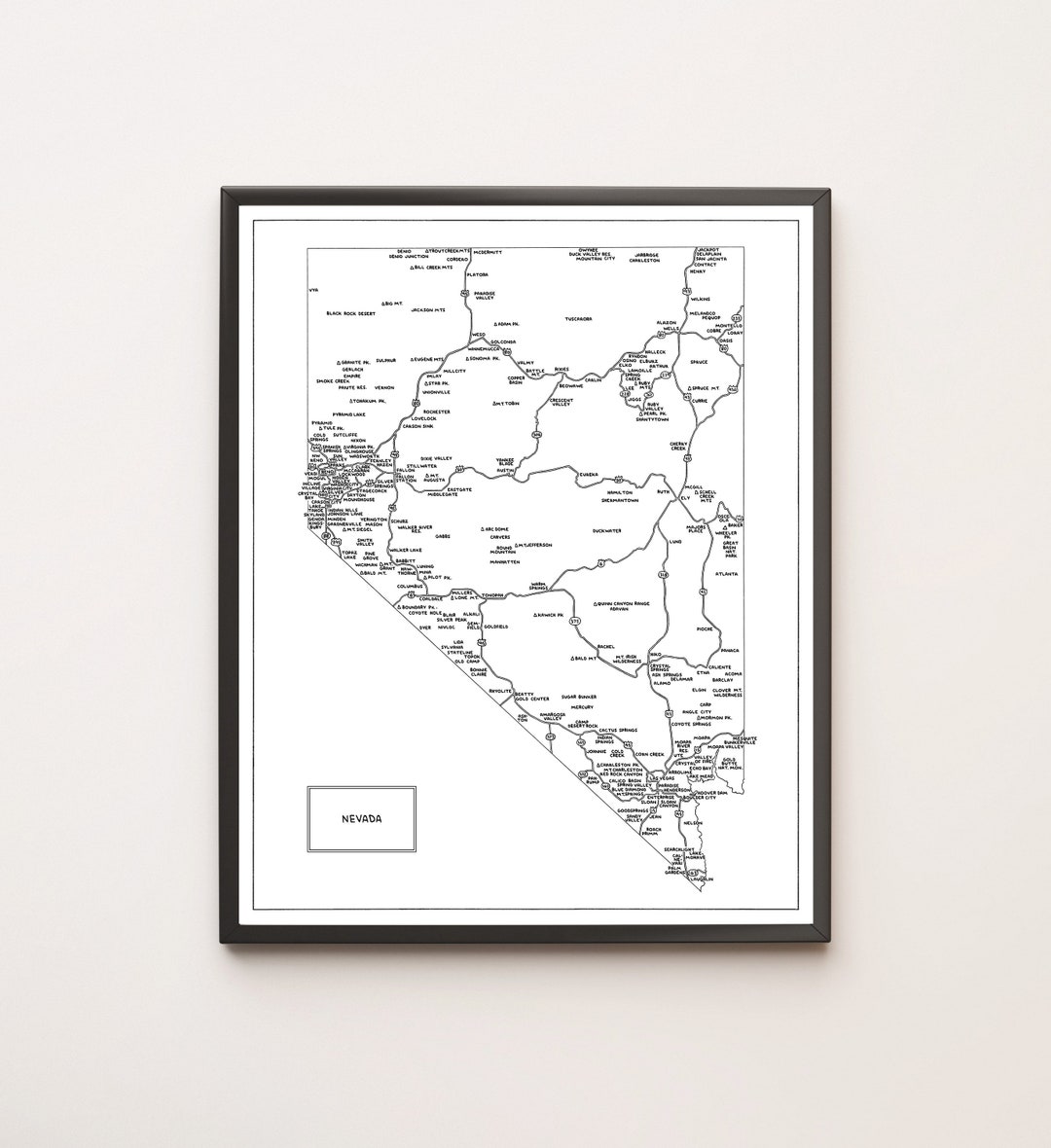 Road Map of Nevada | Hand-drawn, Black & White | Digital, Printable ...