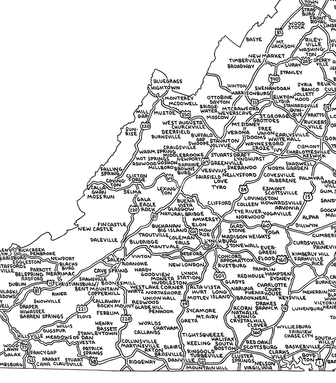 Road Map of Virginia | Hand-drawn, Black & White | Digital, Printable ...