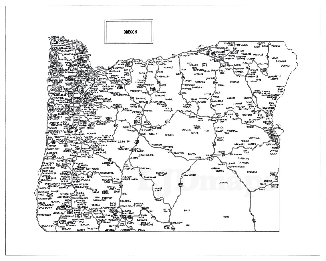 Road Map of Oregon | Hand-drawn, Black & White | Digital, Printable ...