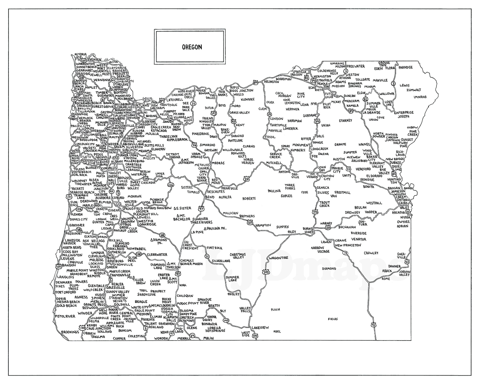 Road Map of Oregon | Hand-drawn, Black & White | Digital, Printable ...