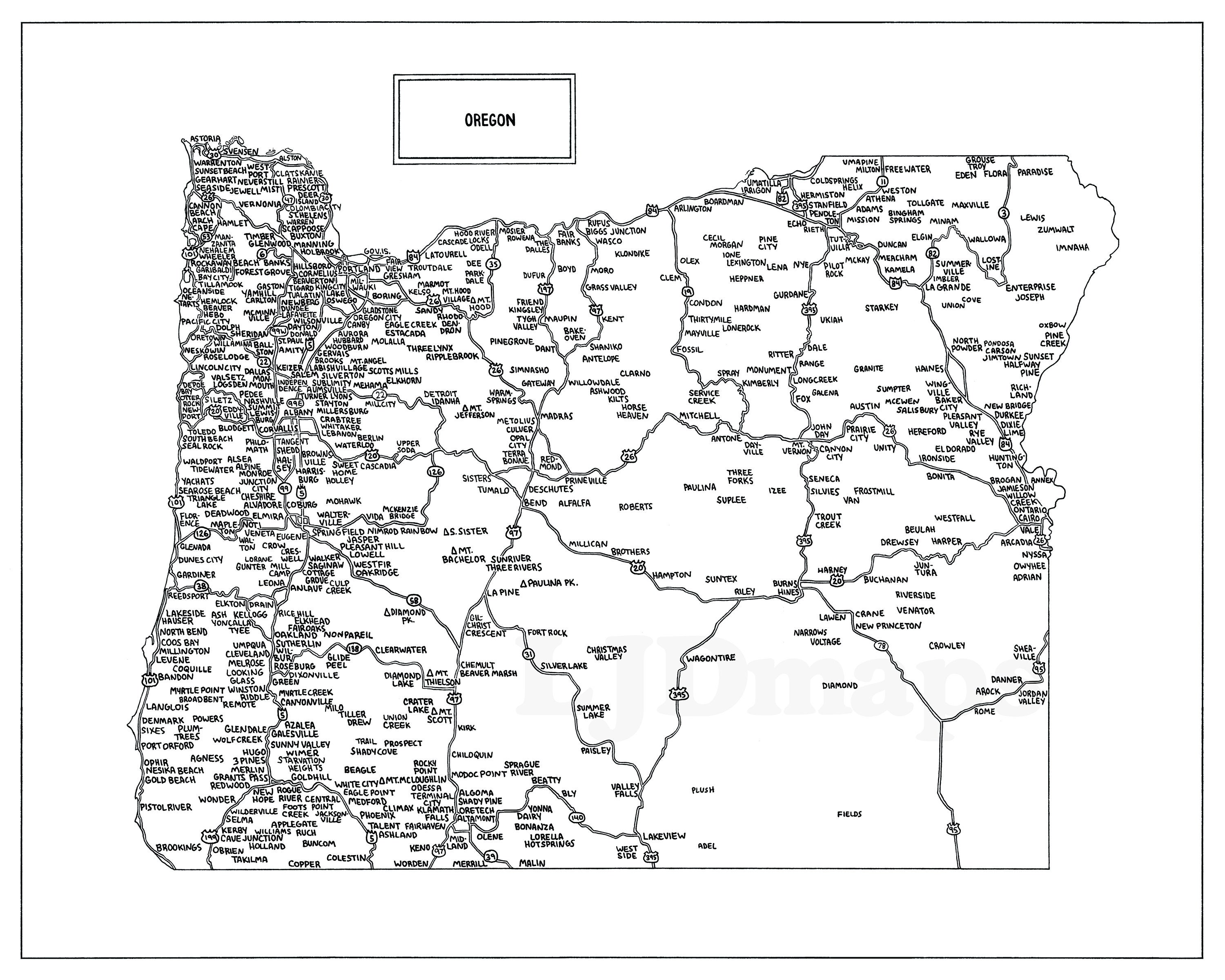 Road Map of Oregon | Hand-drawn, Black & White | Digital, Printable ...