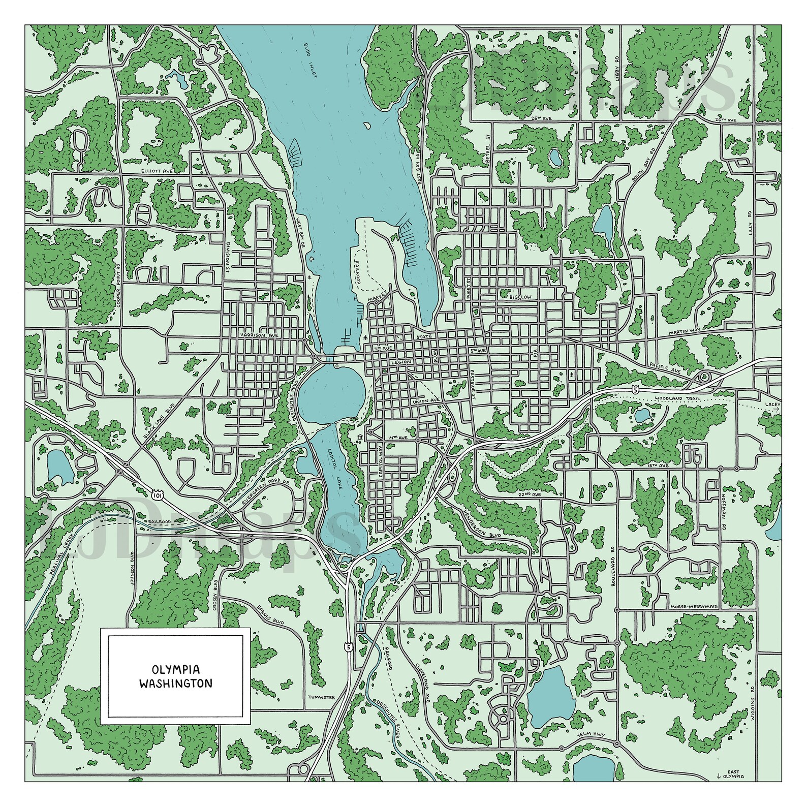 Road Map of Olympia, Washington | Hand-drawn | Digital, Printable ...