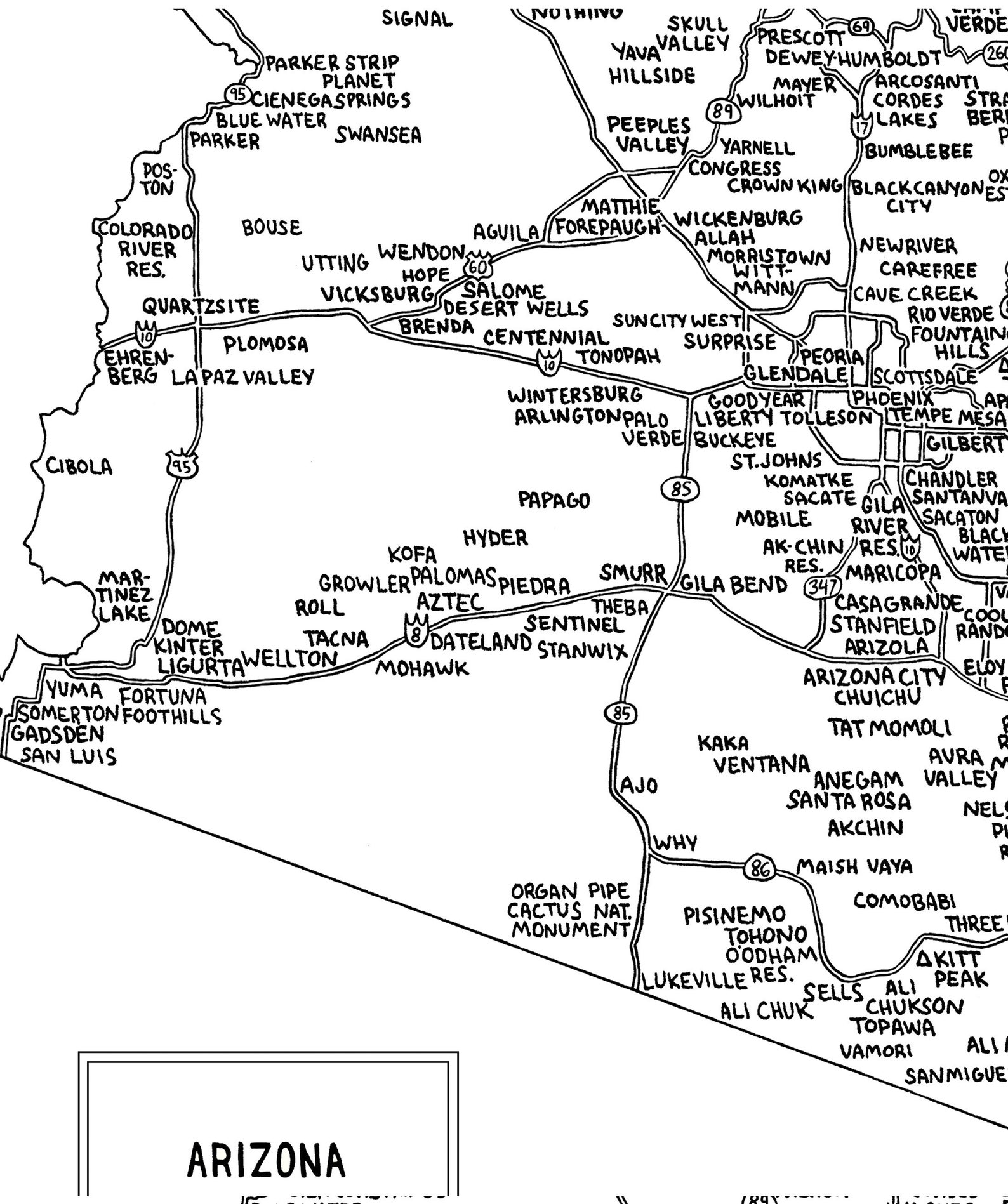 Road Map of Arizona - State and Interstate Highways | Hand-drawn, Black ...