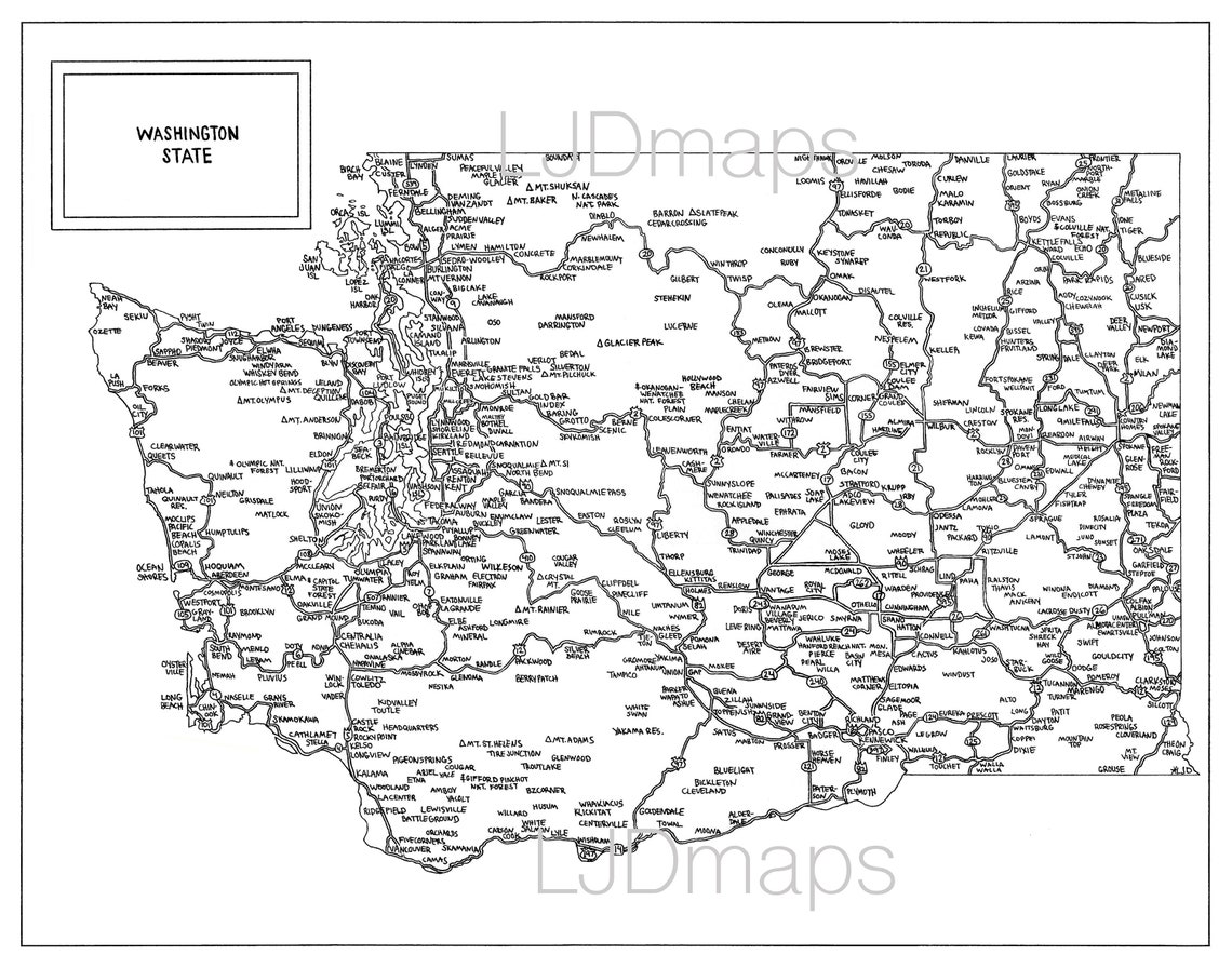 Black and White Road Map of Washington State Printable | Etsy