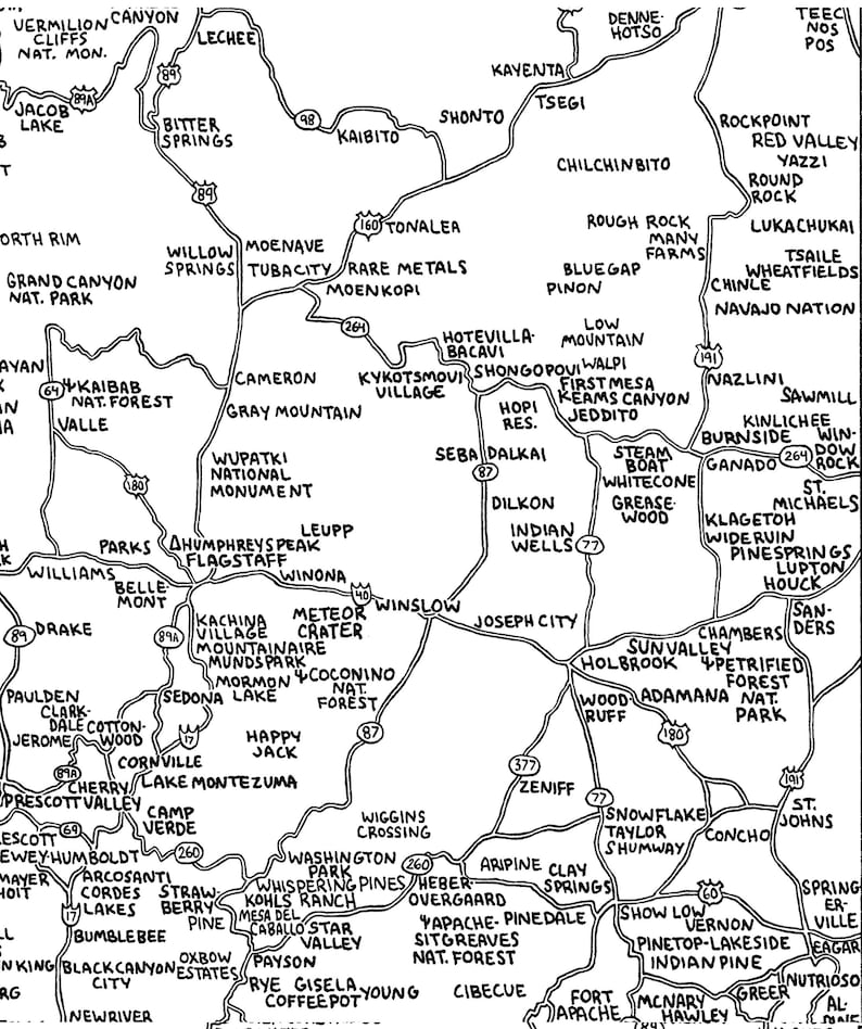 Road Map of Arizona - State and Interstate Highways | Hand-drawn, Black ...