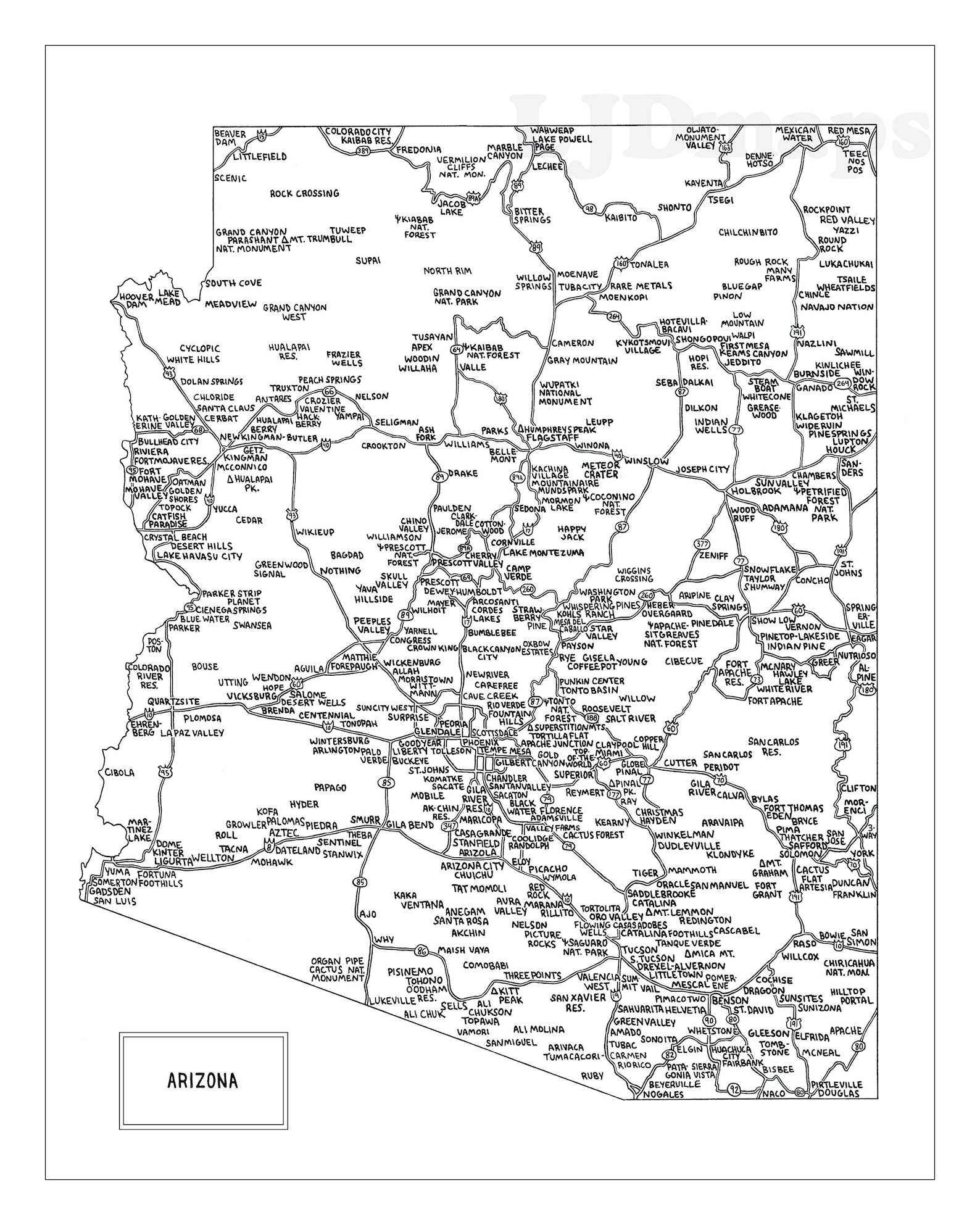 Road Map of Arizona - State and Interstate Highways | Hand-drawn, Black ...