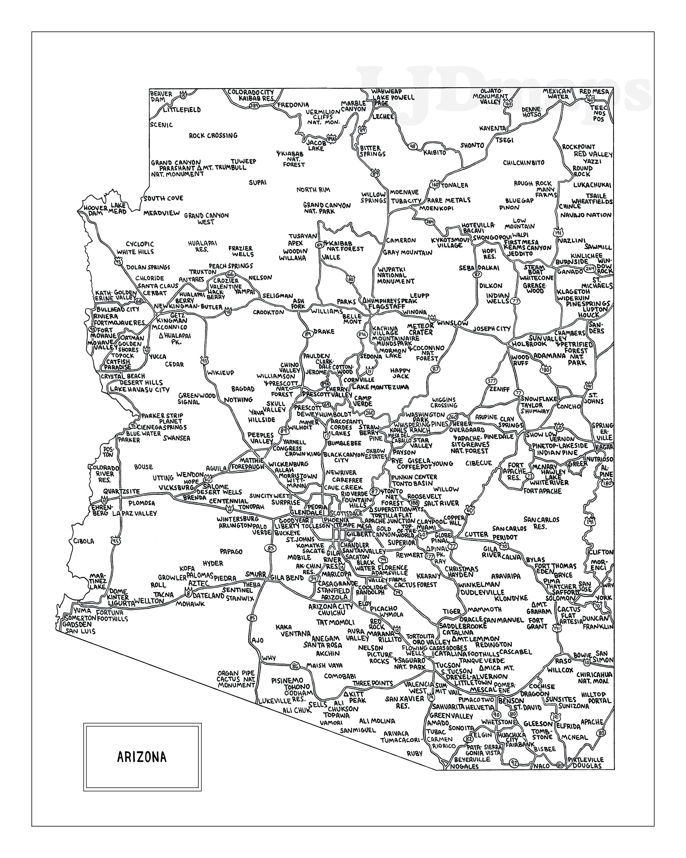 Road Map of Arizona - State and Interstate Highways | Hand-drawn, Black ...
