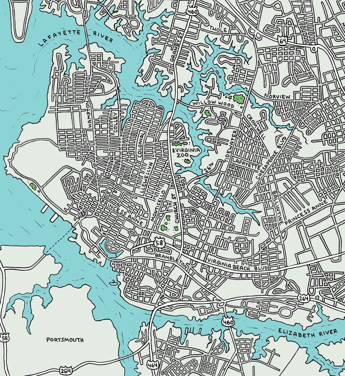 Road Map of Norfolk, Virginia | Hand-drawn | Digital, Printable ...