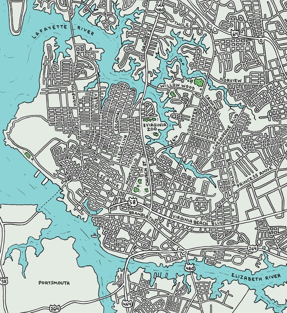 Road Map of Norfolk Virginia Hand-drawn Digital | Etsy