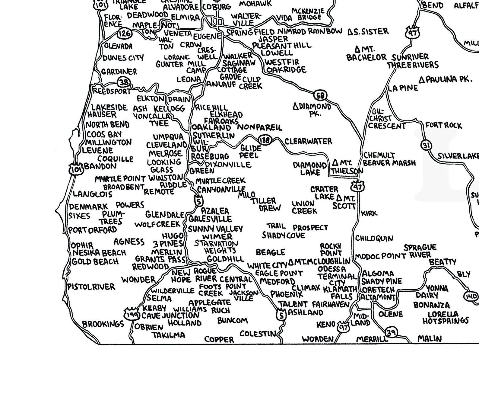 Road Map of Oregon | Hand-drawn, Black & White | Digital, Printable ...