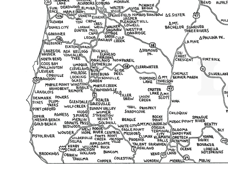Road Map of Oregon | Hand-drawn, Black & White | Digital, Printable ...