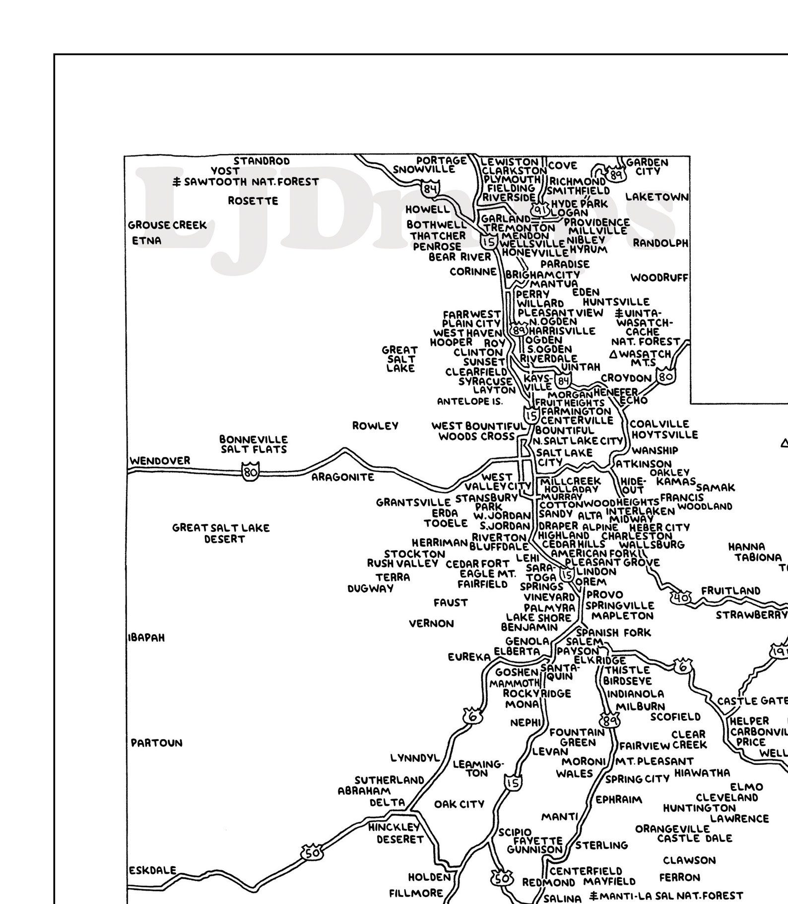 Road Map of Utah | Black & White | Digital, Printable Download - Etsy
