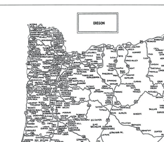 Road Map of Oregon Hand-drawn Black & White Digital - Etsy