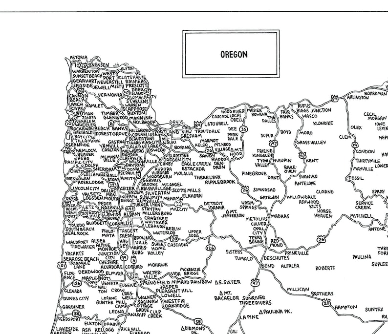 Road Map of Oregon | Hand-drawn, Black & White | Digital, Printable ...