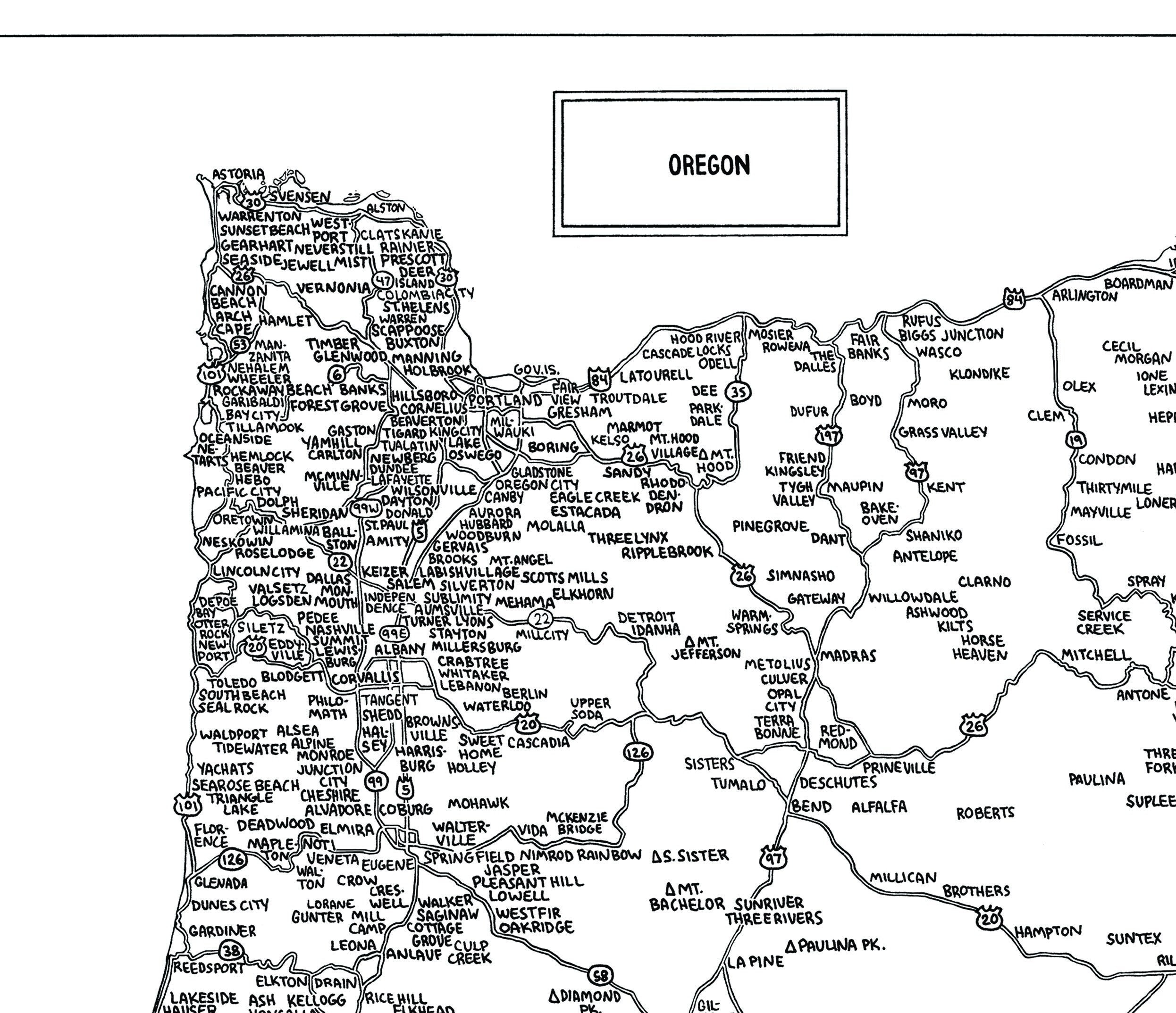 Road Map of Oregon | Hand-drawn, Black & White | Digital, Printable ...