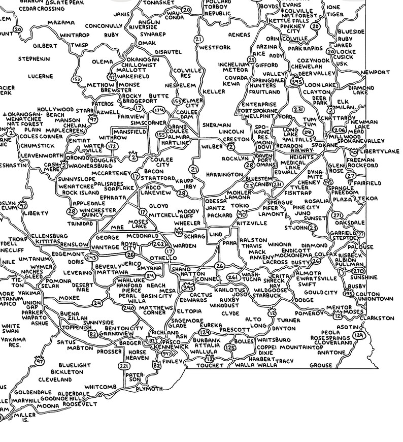 Road Map of Washington State | Highways and Interstates | Black & White ...