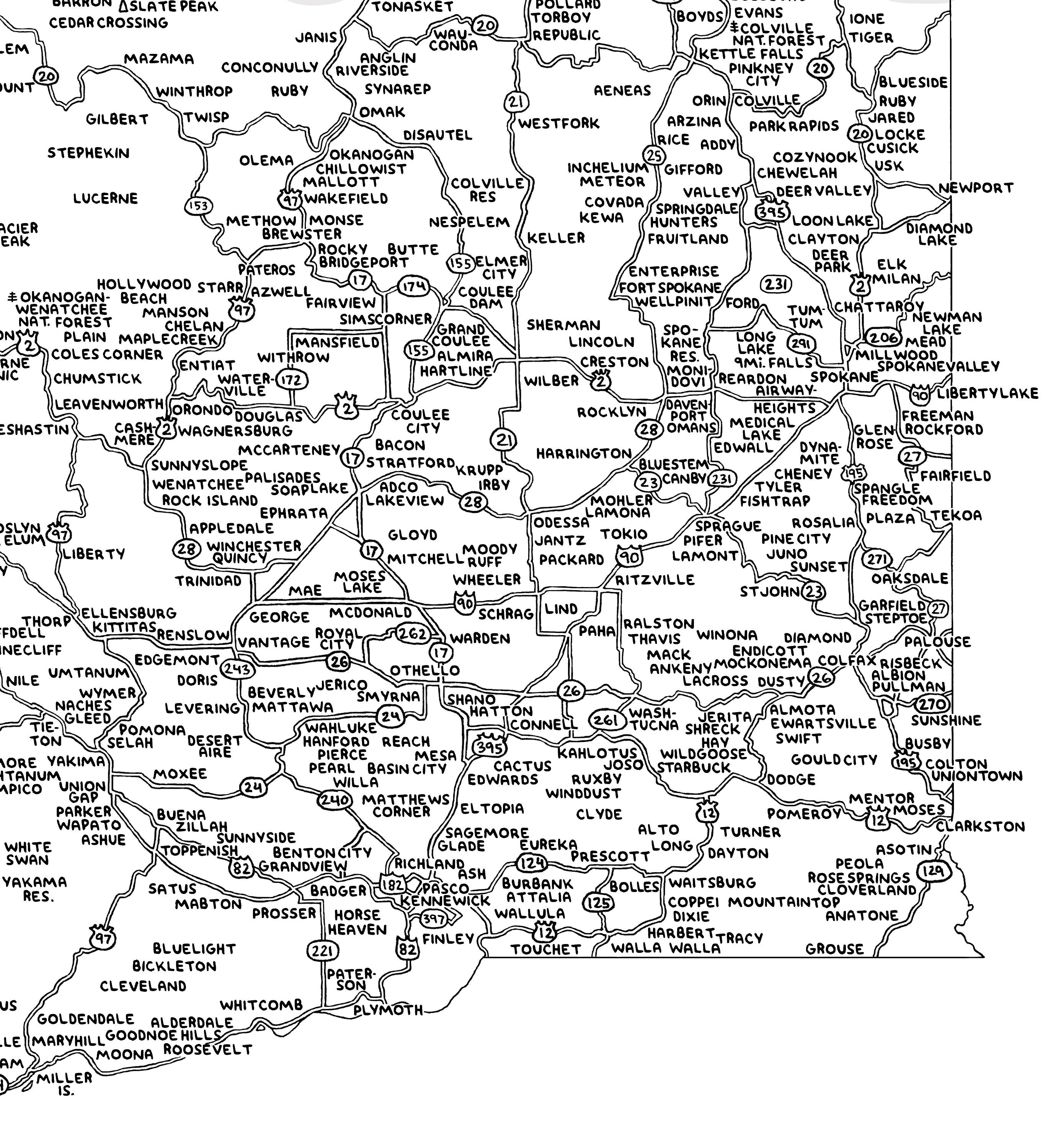 Road Map of Washington State | Highways and Interstates | Black & White ...
