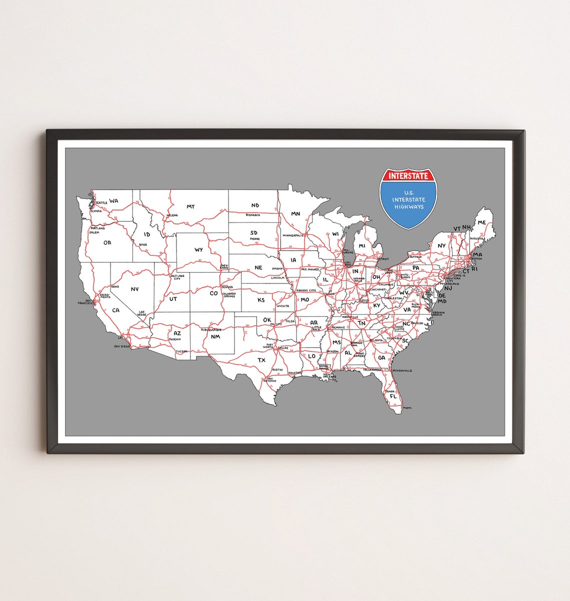 Hand-drawn US Interstate Highway Map | Digital, Printable Download - Etsy