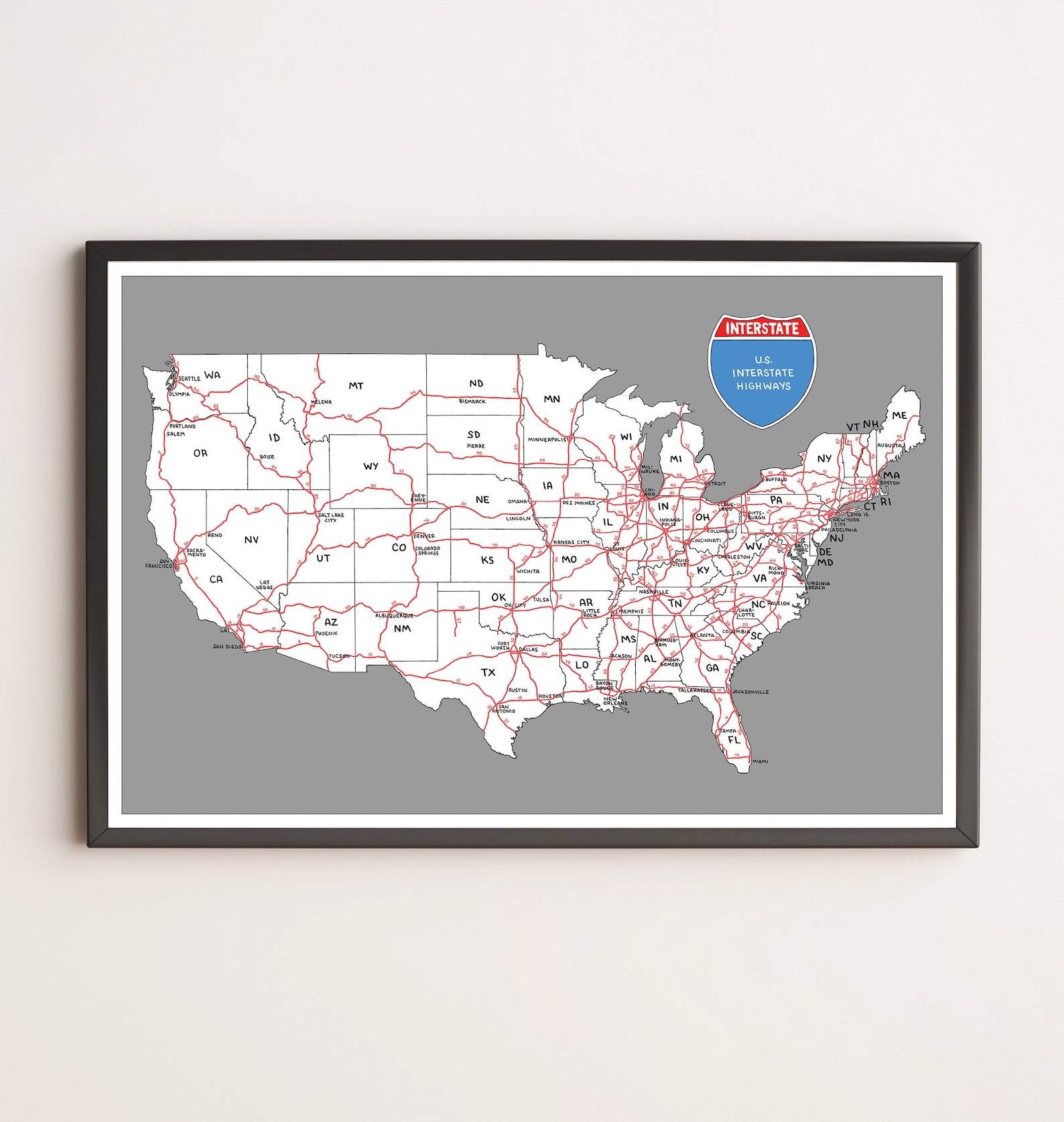 Hand-drawn US Interstate Highway Map | Digital, Printable Download - Etsy