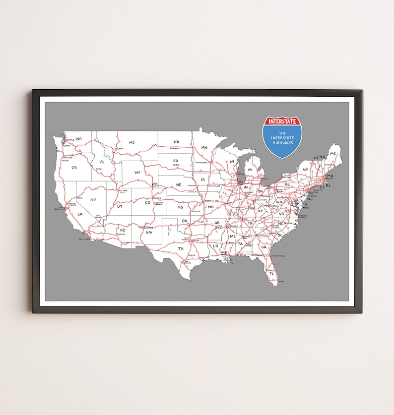 Hand-drawn US Interstate Highway Map | Digital, Printable Download - Etsy