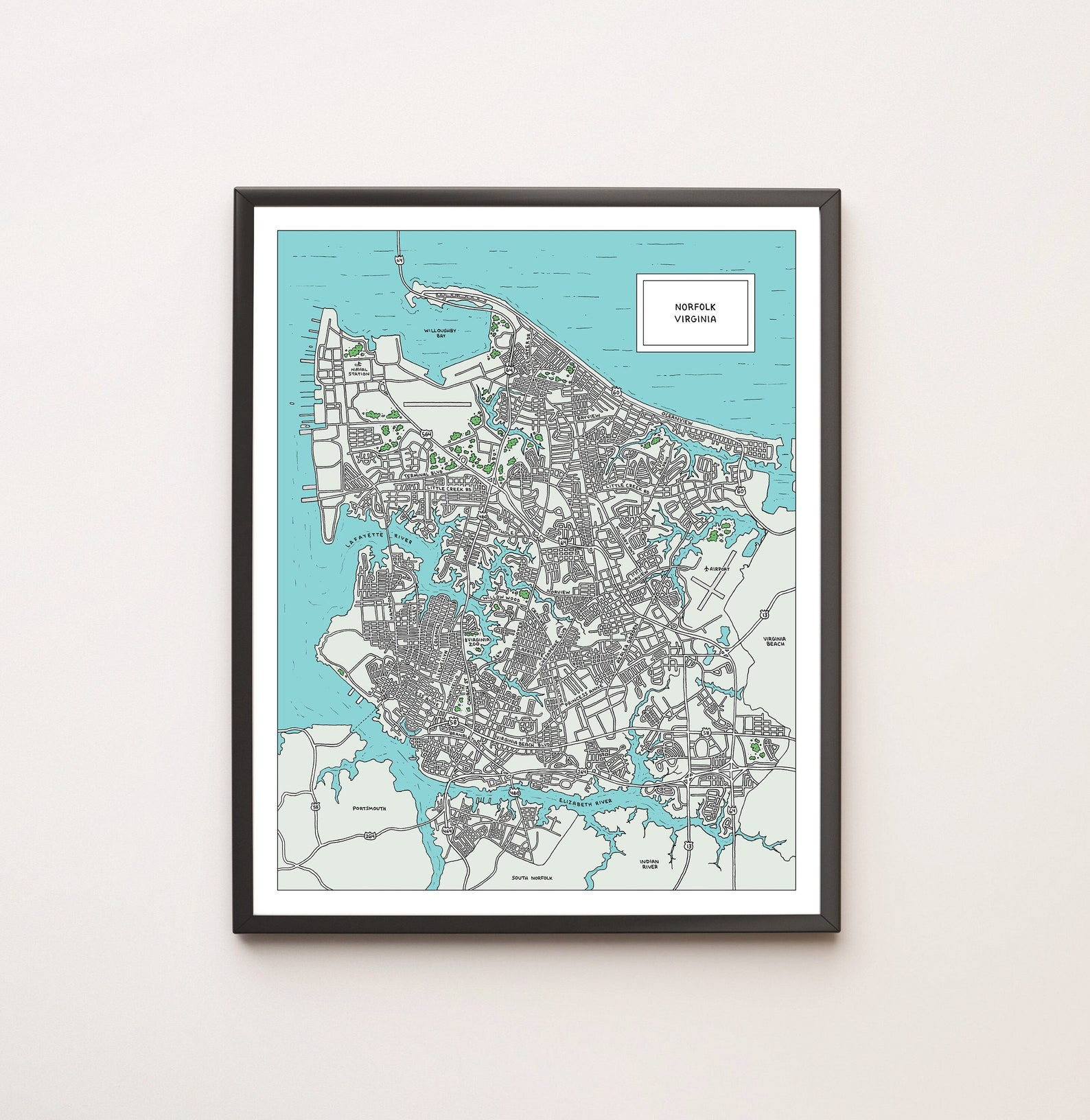 Road Map of Norfolk, Virginia | Hand-drawn | Digital, Printable ...