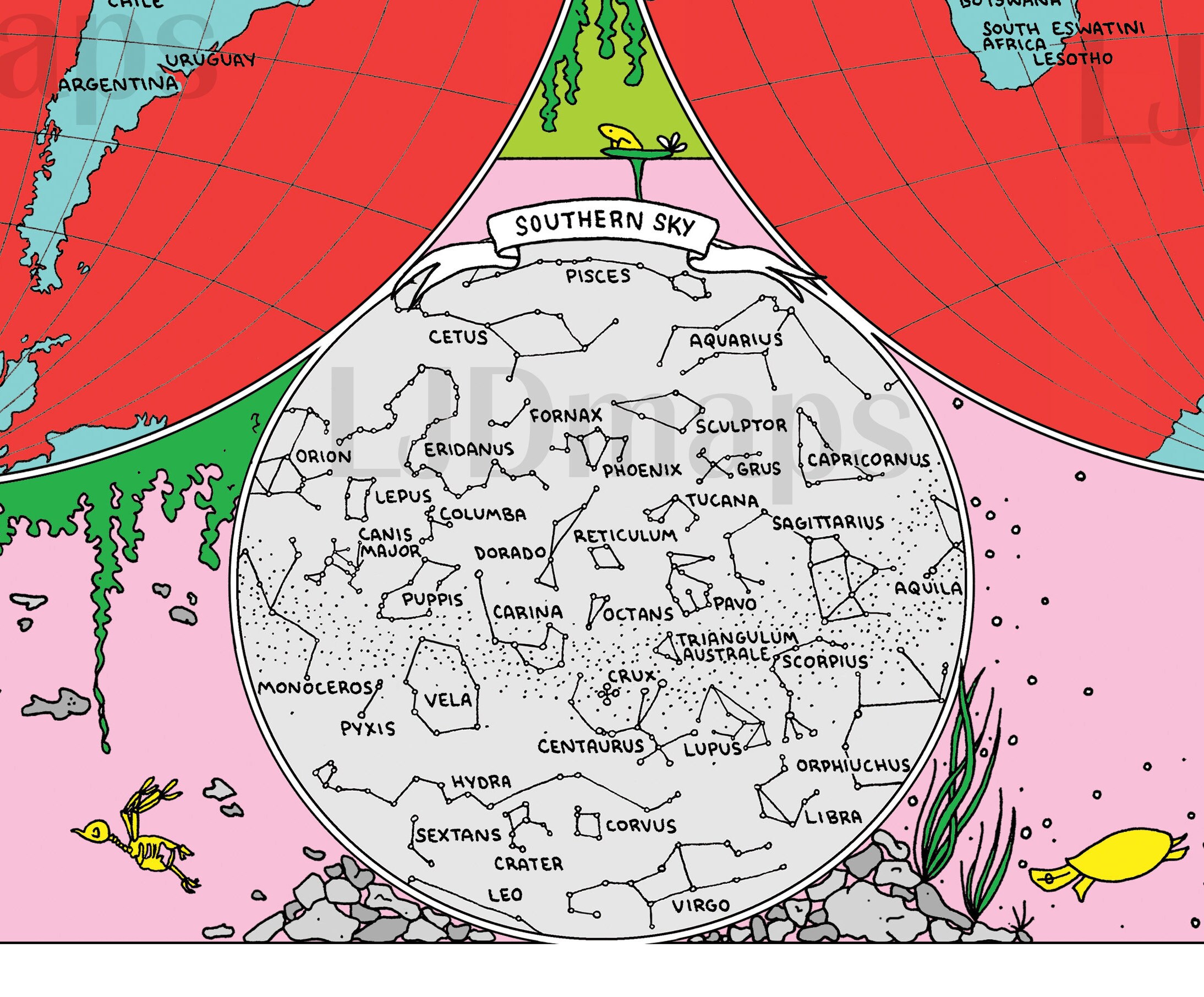 Map of the Earth and Constellations | 15x18 Inch Print | Printable ...