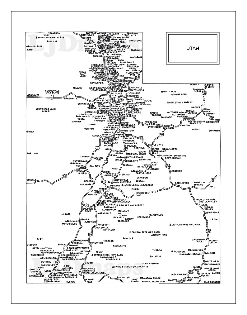 Road Map of Utah | Black & White | Digital, Printable Download - Etsy