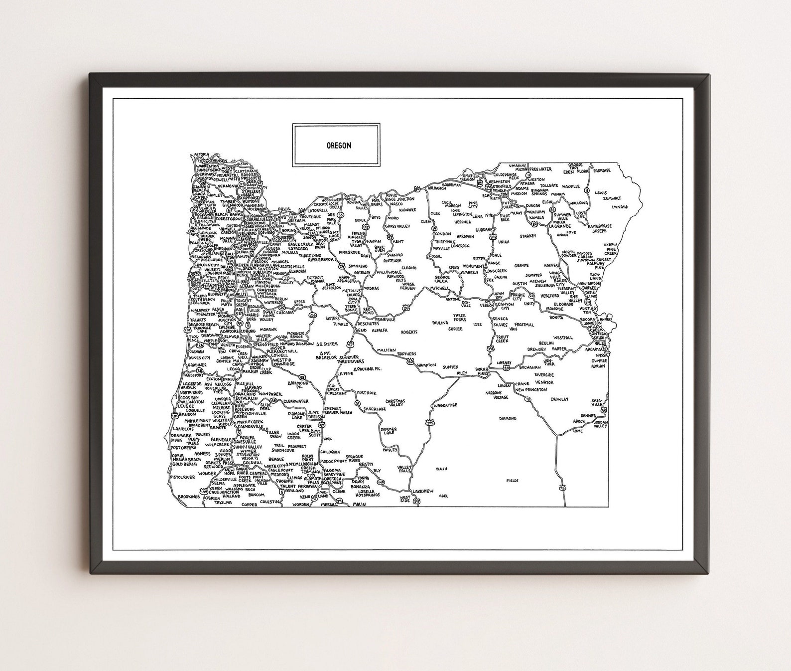 Road Map of Oregon | Hand-drawn, Black & White | Digital, Printable ...