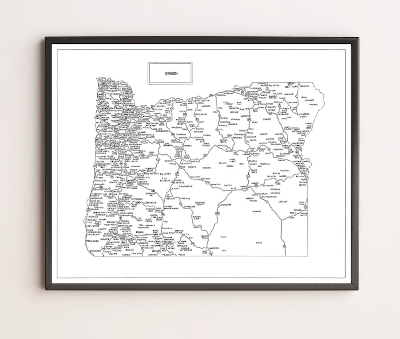 Road Map of Oregon | Hand-drawn, Black & White | Digital, Printable ...